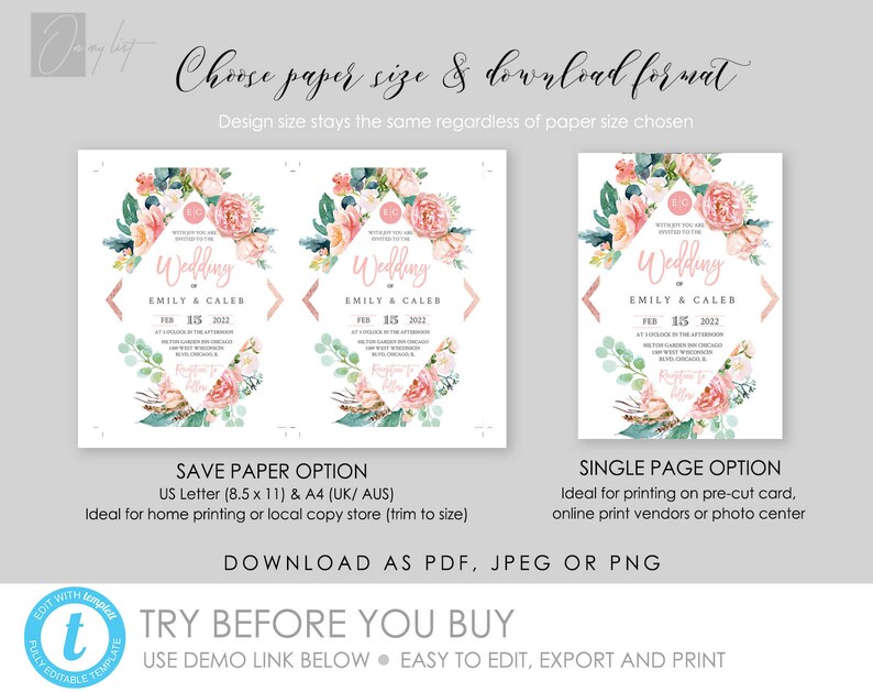 Pink Flowers Invitation Set 100% Editable Template INSTANT - Etsy