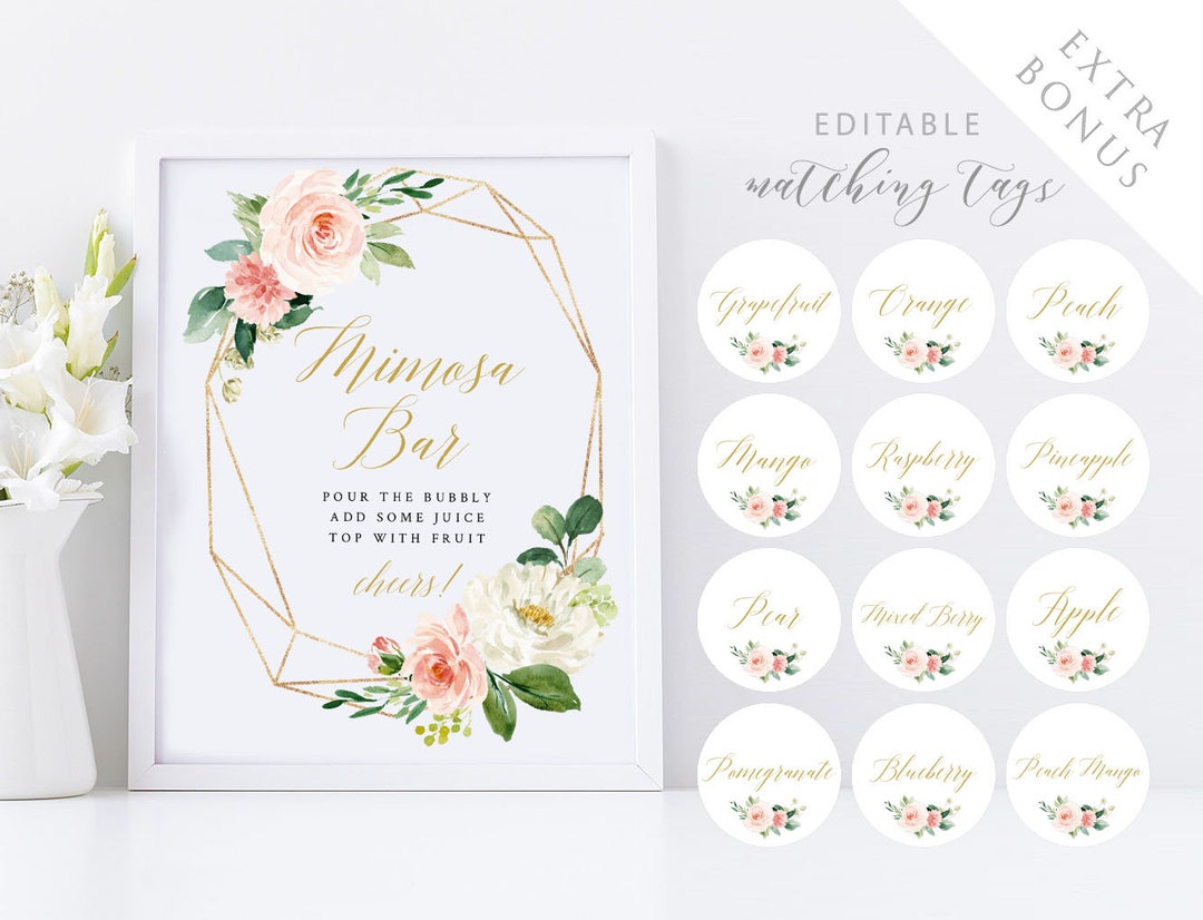 Floral MIMOSA BAR SIGN Template | Mimosa Juice Labels | Mimosa Bar Sign ...