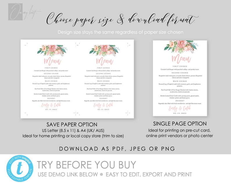 Floral Blush Wedding Menu Template Pink Floral Menu - Etsy