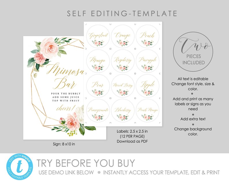 Floral MIMOSA BAR SIGN Template Mimosa Juice Labels Mimosa | Etsy