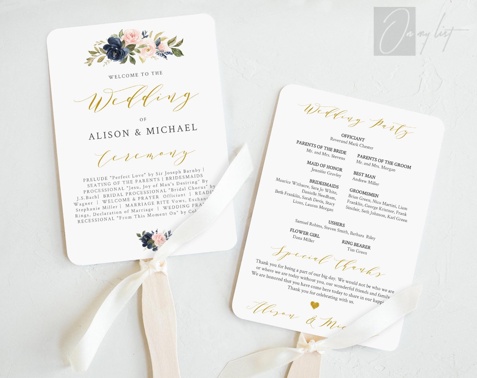 Navy Wedding Program Template Wedding Program Fan Template - Etsy