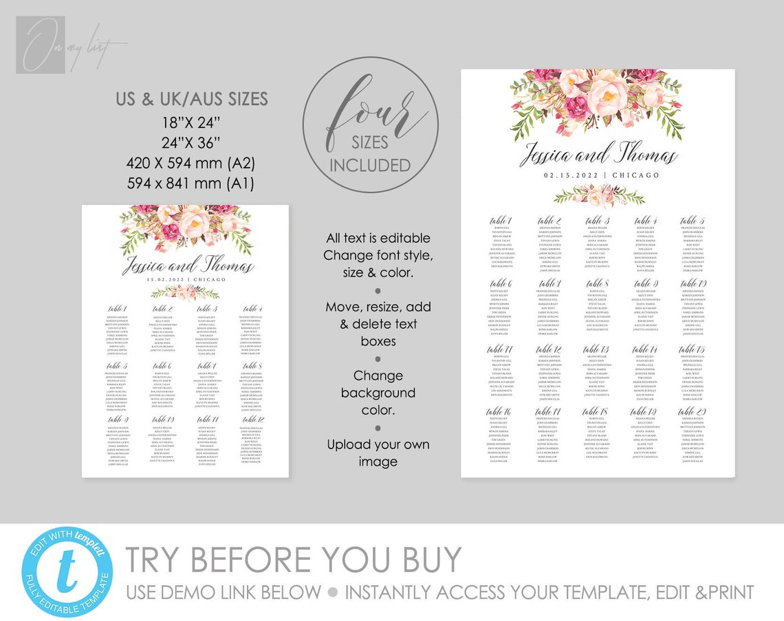 Pink Floral Seating Chart Template Pink Gold Printable DIY - Etsy