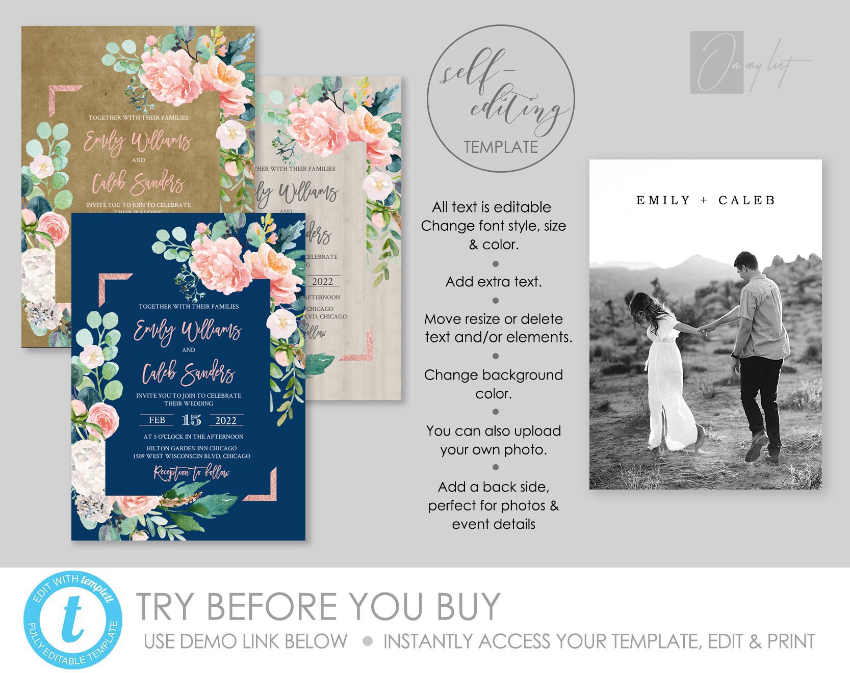 Rose Gold Wedding Invitation Set 100% Editable Template | Etsy