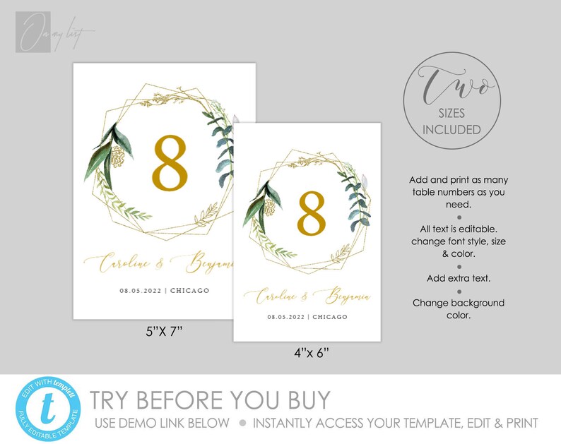 Greenery Table Number Templategreenery Gold Printable DIY | Etsy