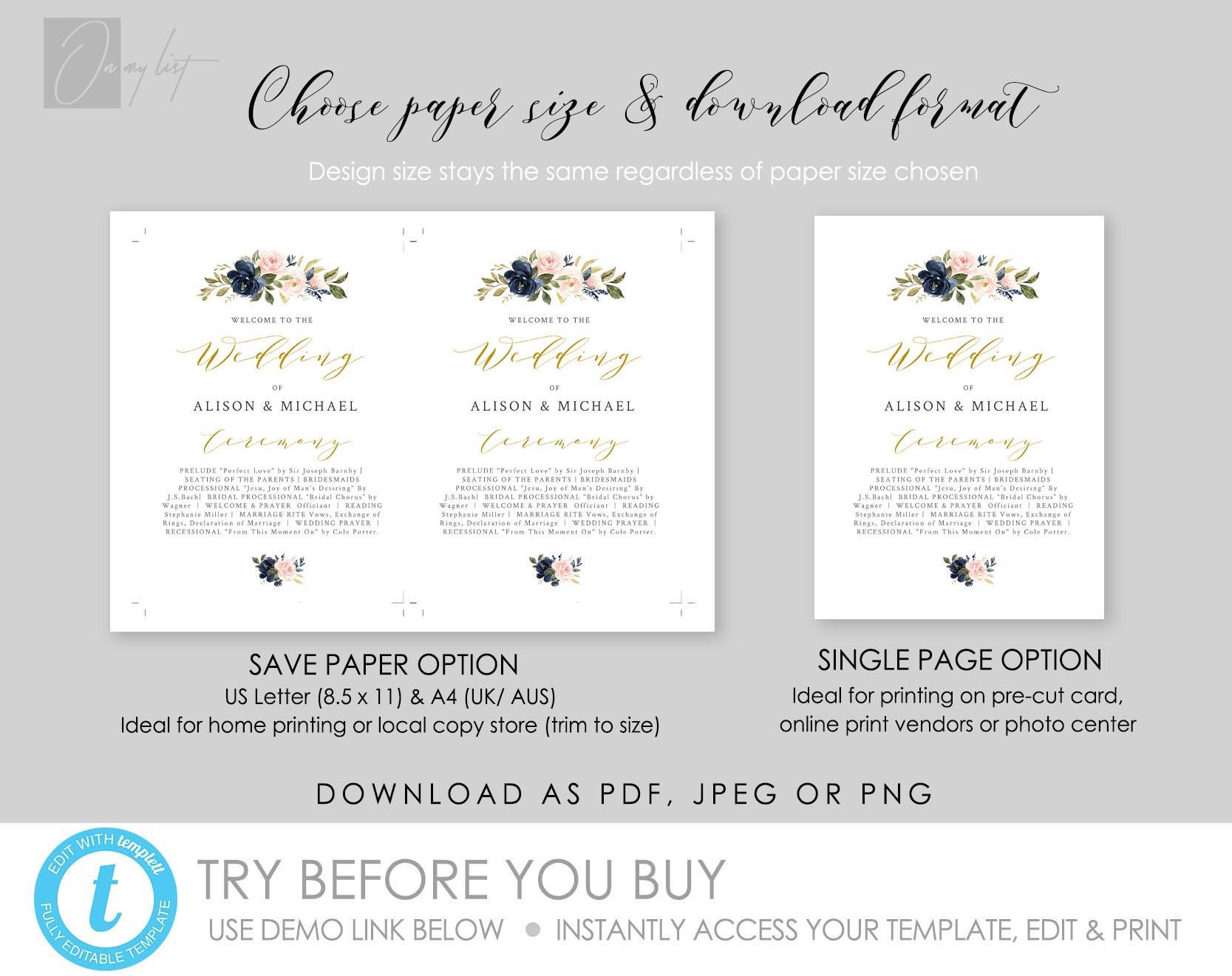 Navy Wedding Program Template Wedding Program Fan Template - Etsy