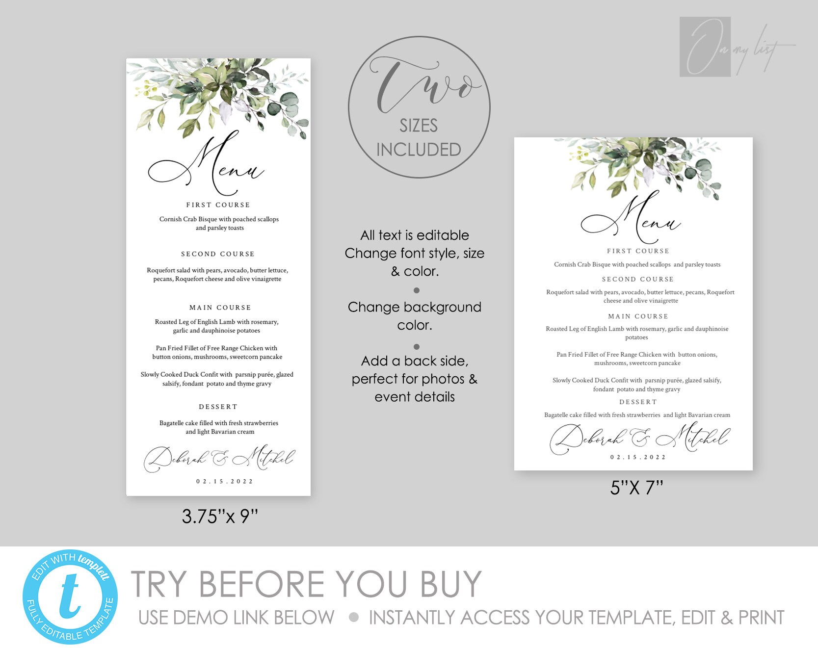 Wedding Menu Template Greenery Menu Template Printable - Etsy Canada