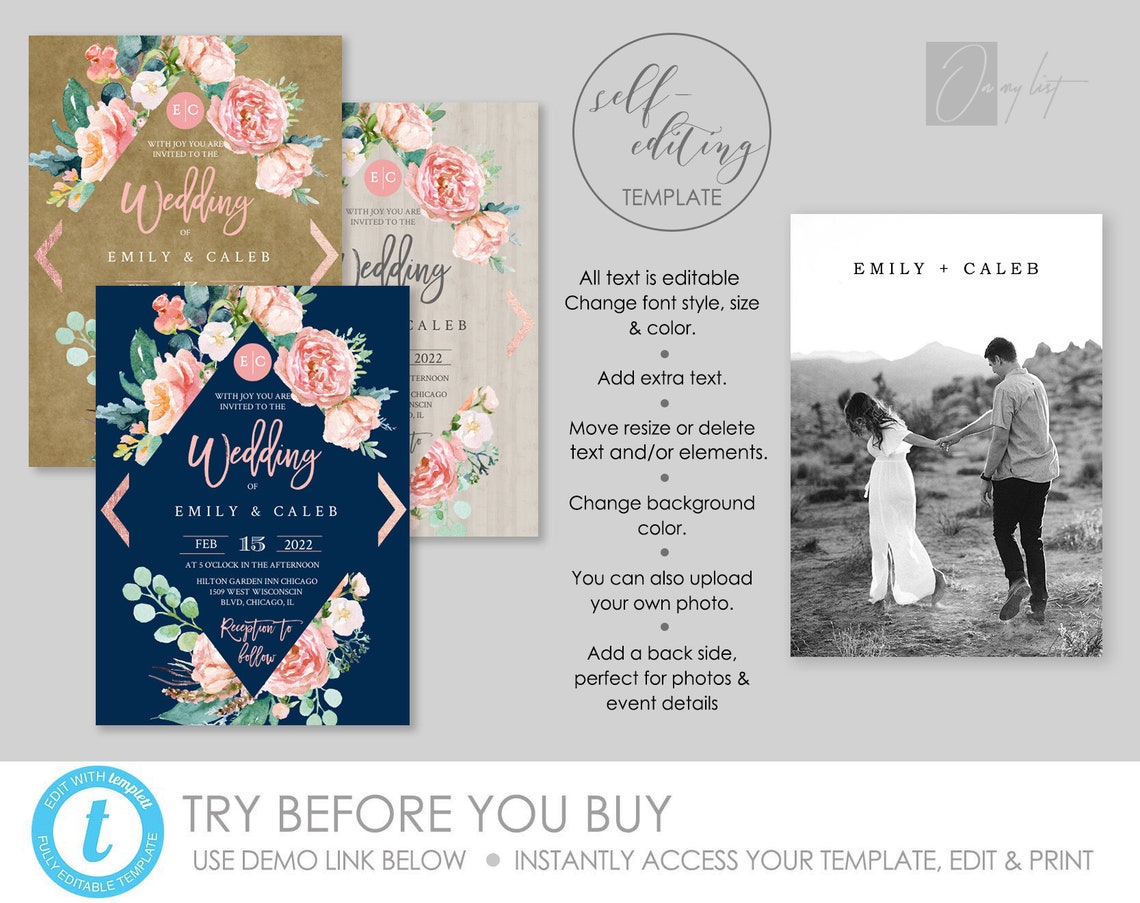 Pink Flowers Invitation Set 100% Editable Template INSTANT - Etsy