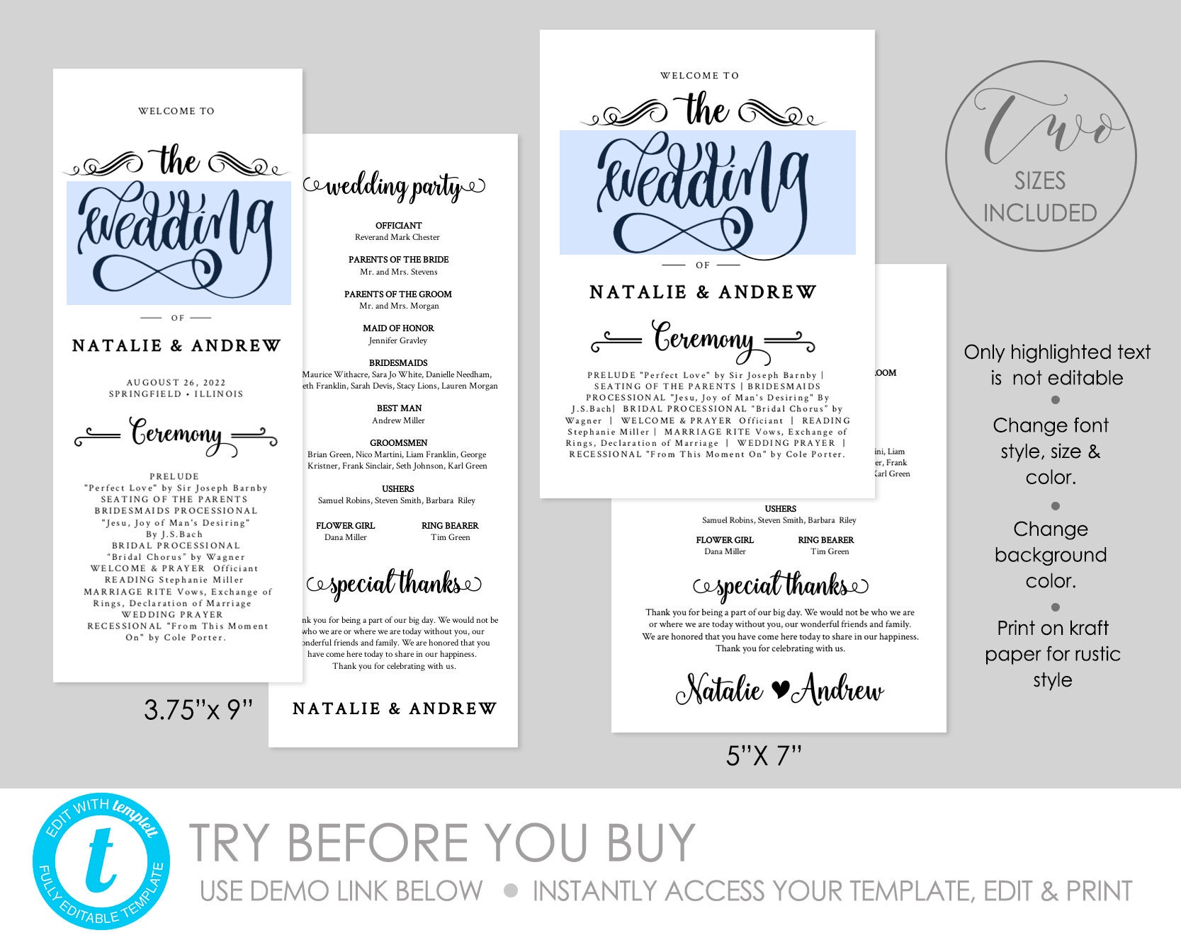 Wedding Program 100% Editable Template INSTANT DOWNLOAD - Etsy