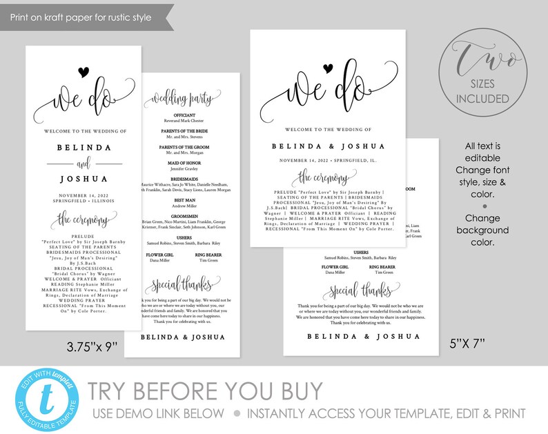 Wedding Program Template Editable Template INSTANT DOWNLOAD | Etsy