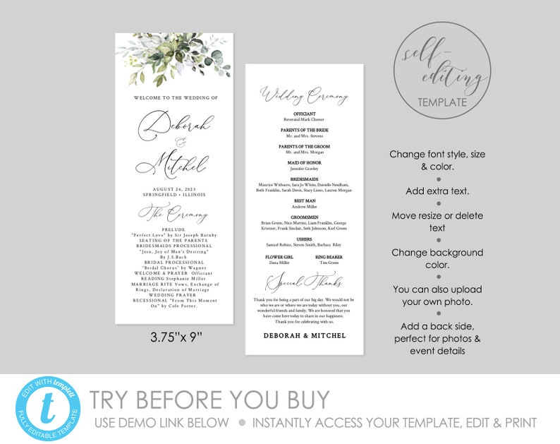 Greenery Wedding Program Template Modern Wedding Program - Etsy