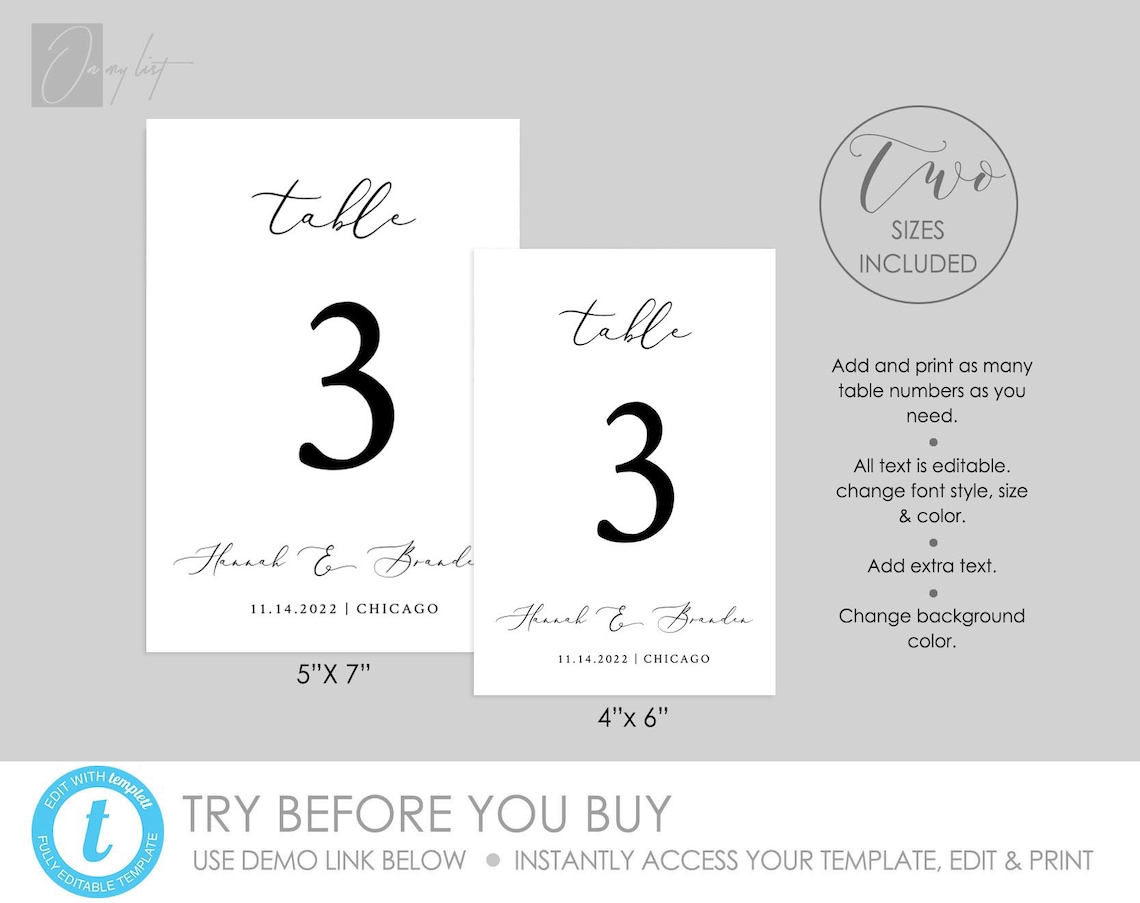 Table Number Template, Black and White, Printable DIY, INSTANT DOWNLOAD ...