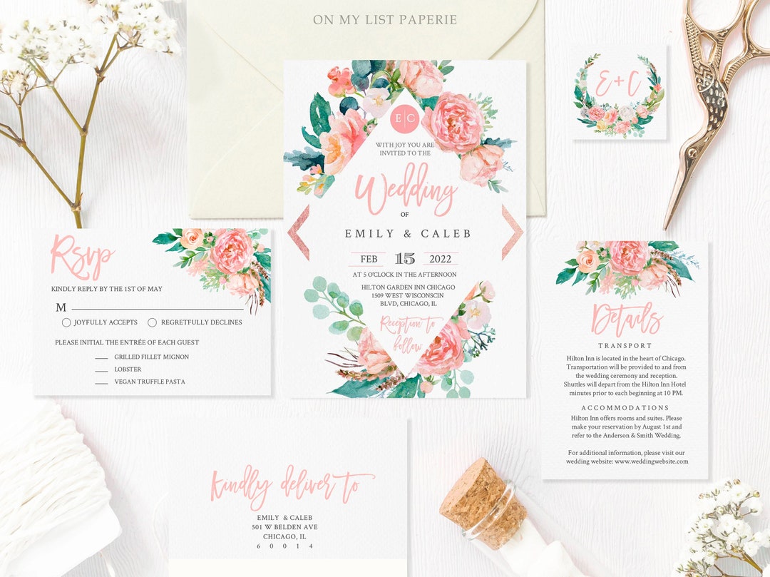 Pink Flowers Invitation Set, 100% Editable Template, INSTANT DOWNLOAD ...