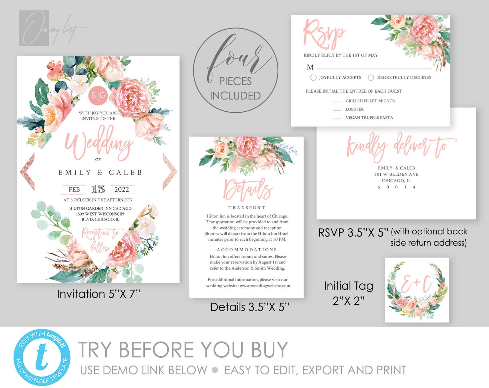 Pink Flowers Invitation Set 100% Editable Template INSTANT - Etsy