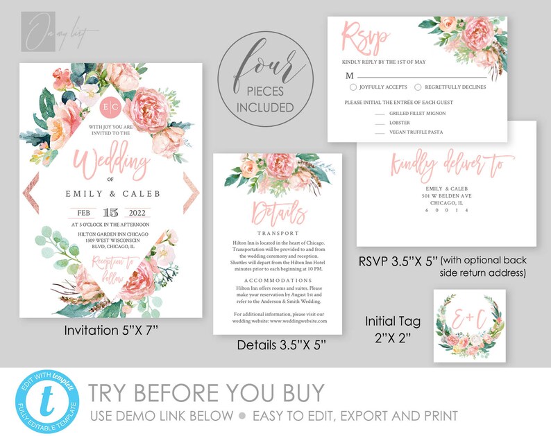 Pink Flowers Invitation Set 100% Editable Template INSTANT - Etsy