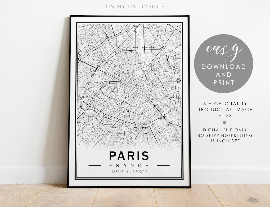 Paris City Map Printable Black and White City Map Poster | Etsy