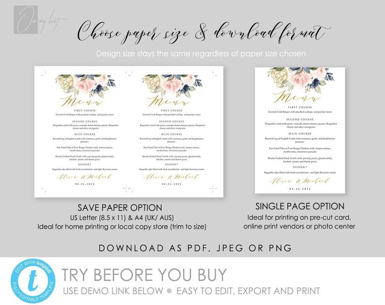 Wedding Menu Template, Pink Gold, Printable DIY Dinner Menu, INSTANT ...