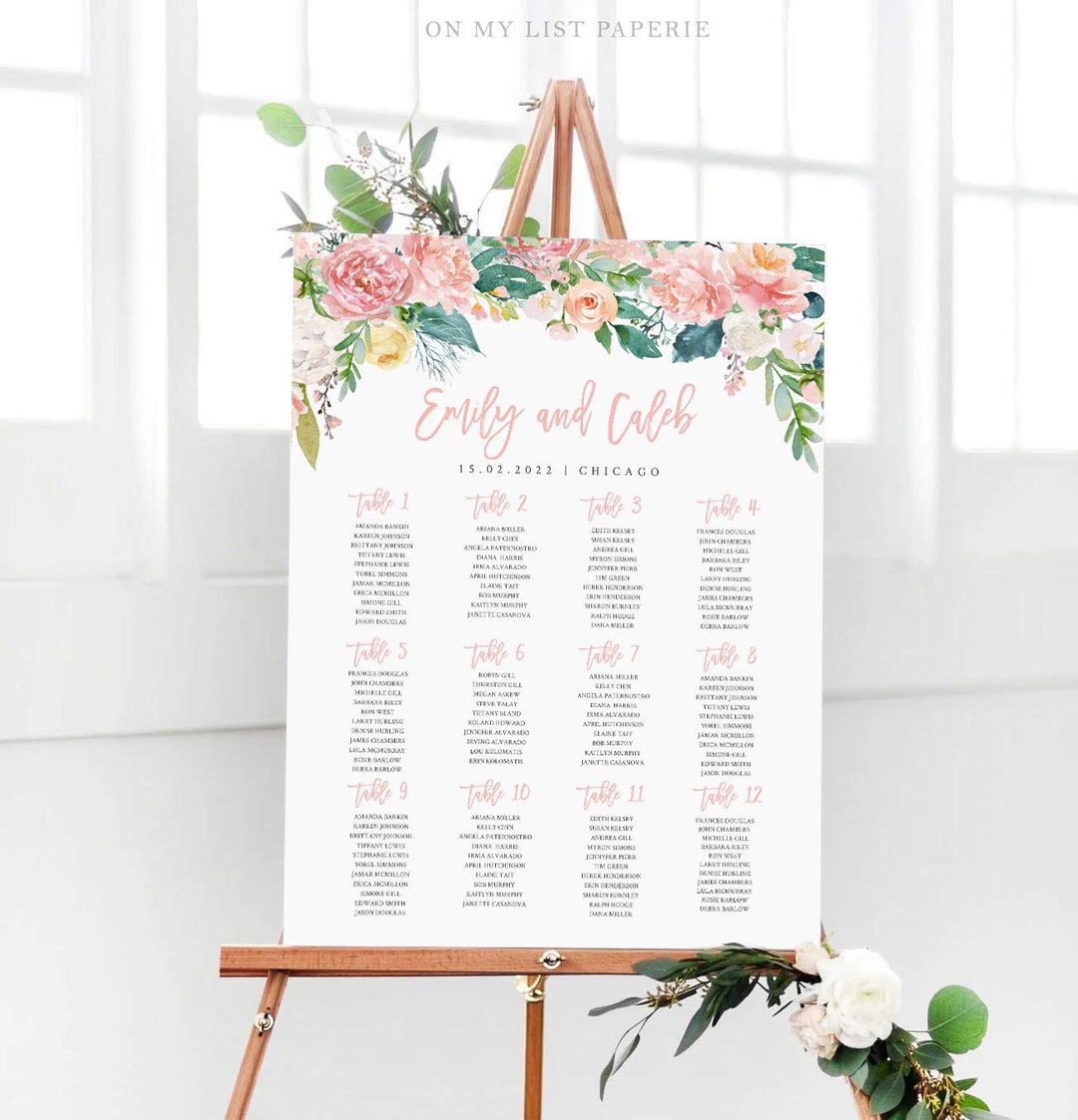 Pink Flowers Seating Chart Template, Pink, Printable DIY Dinner Menu ...