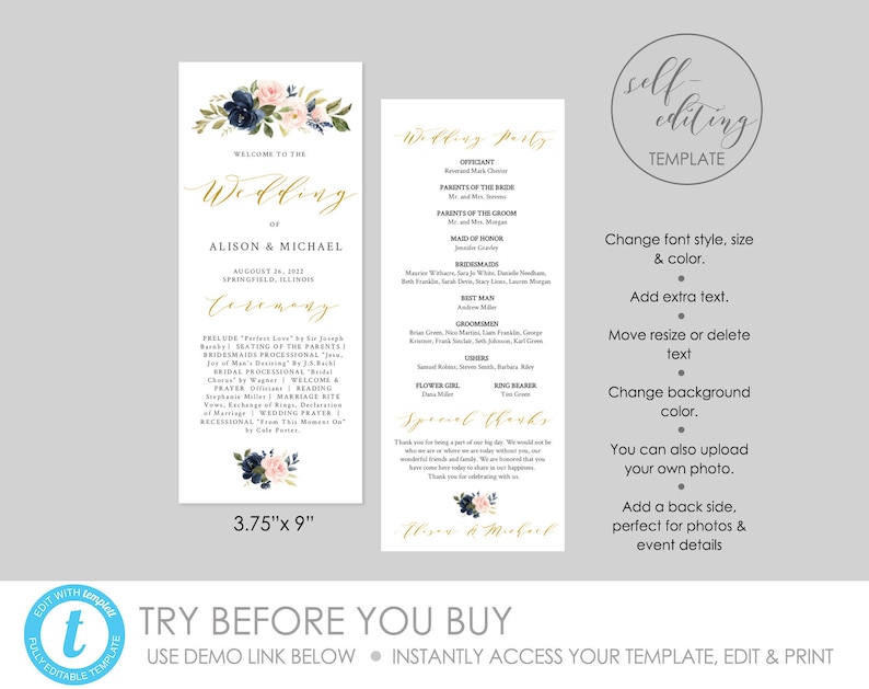 Navy Wedding Program Template Elegant Printable Wedding - Etsy