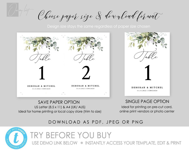 Boho Greenery Table Number Templategreenery Eucalyptus Leaf - Etsy