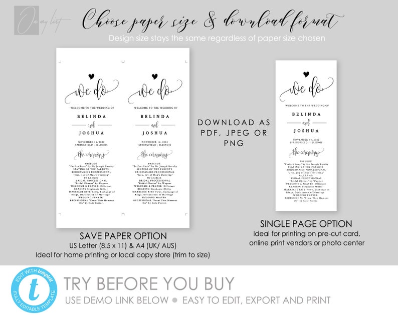 Wedding Program Template Editable Template INSTANT DOWNLOAD | Etsy