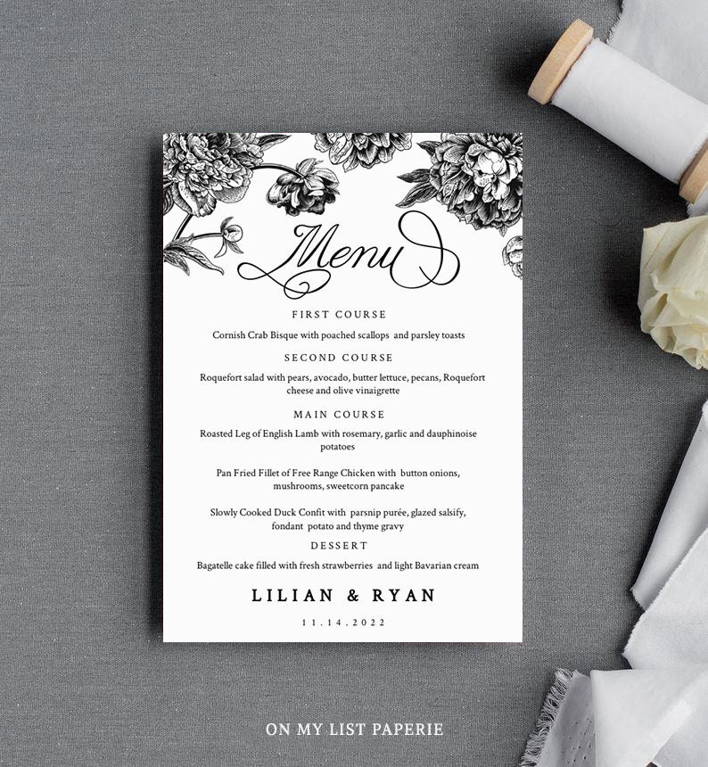 Wedding Menu Template Black and White Menu Botanical Menu - Etsy