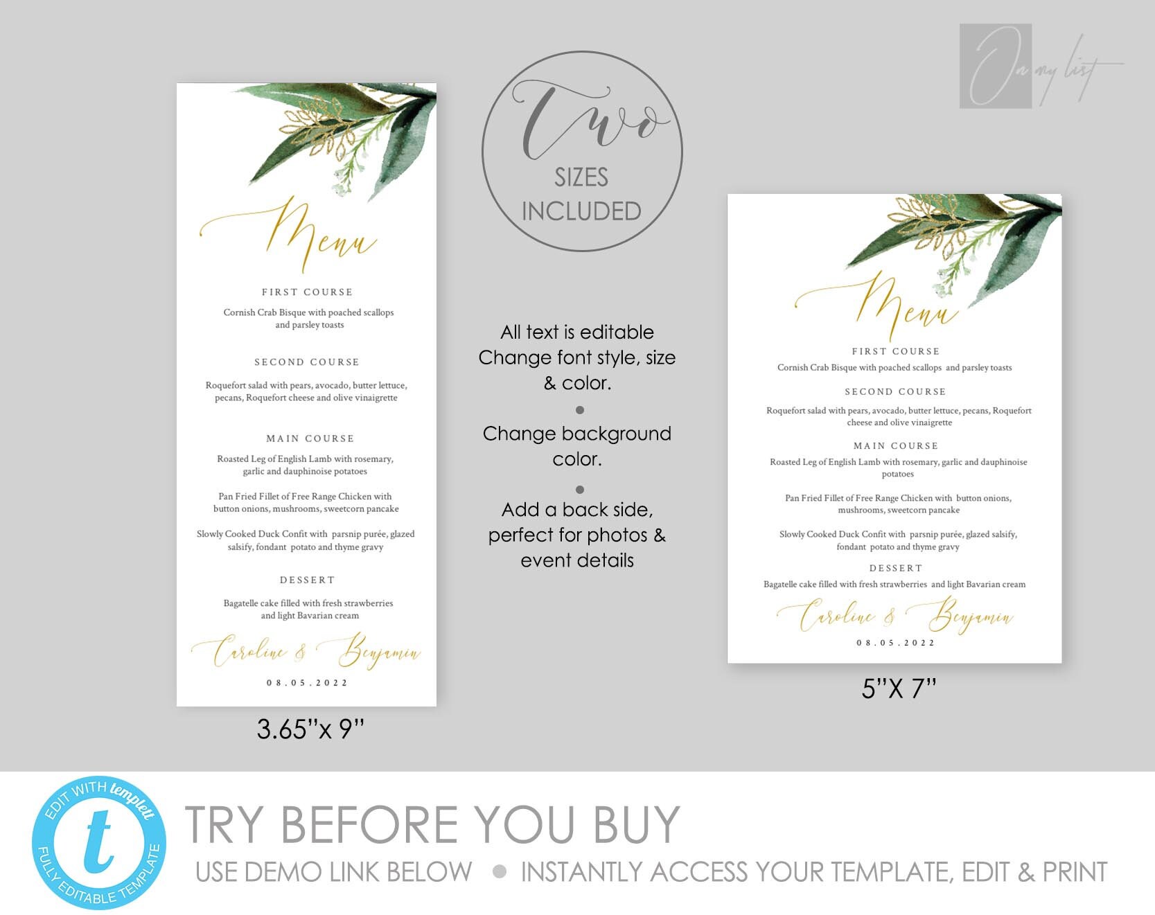 Greenery Wedding Menu Template Greenery Menu Printable Menu | Etsy