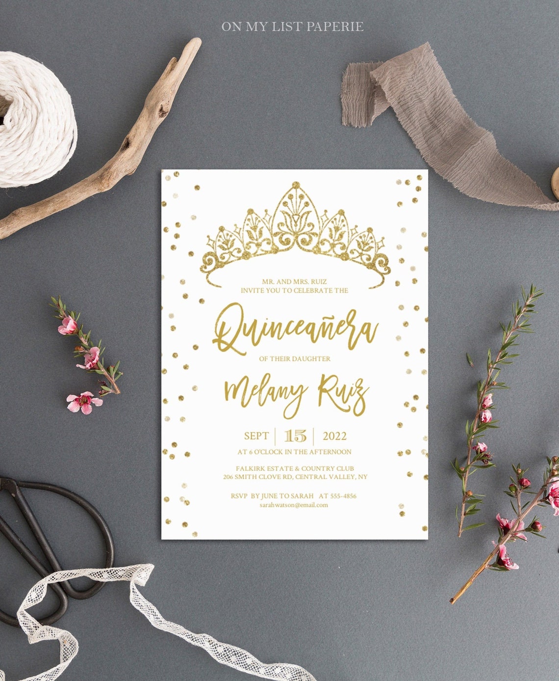 Gold Crown Quinceañera Invitation, Quinceanera Invite, Editable ...