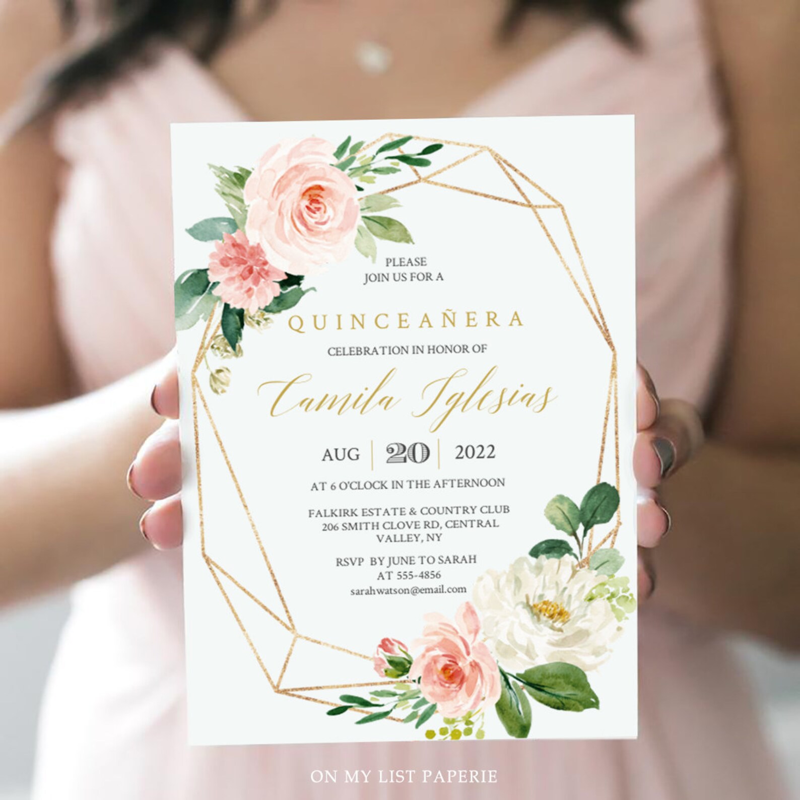 Floral Gold Quinceañera Invitation, Quinceanera Invite,100% Editable ...