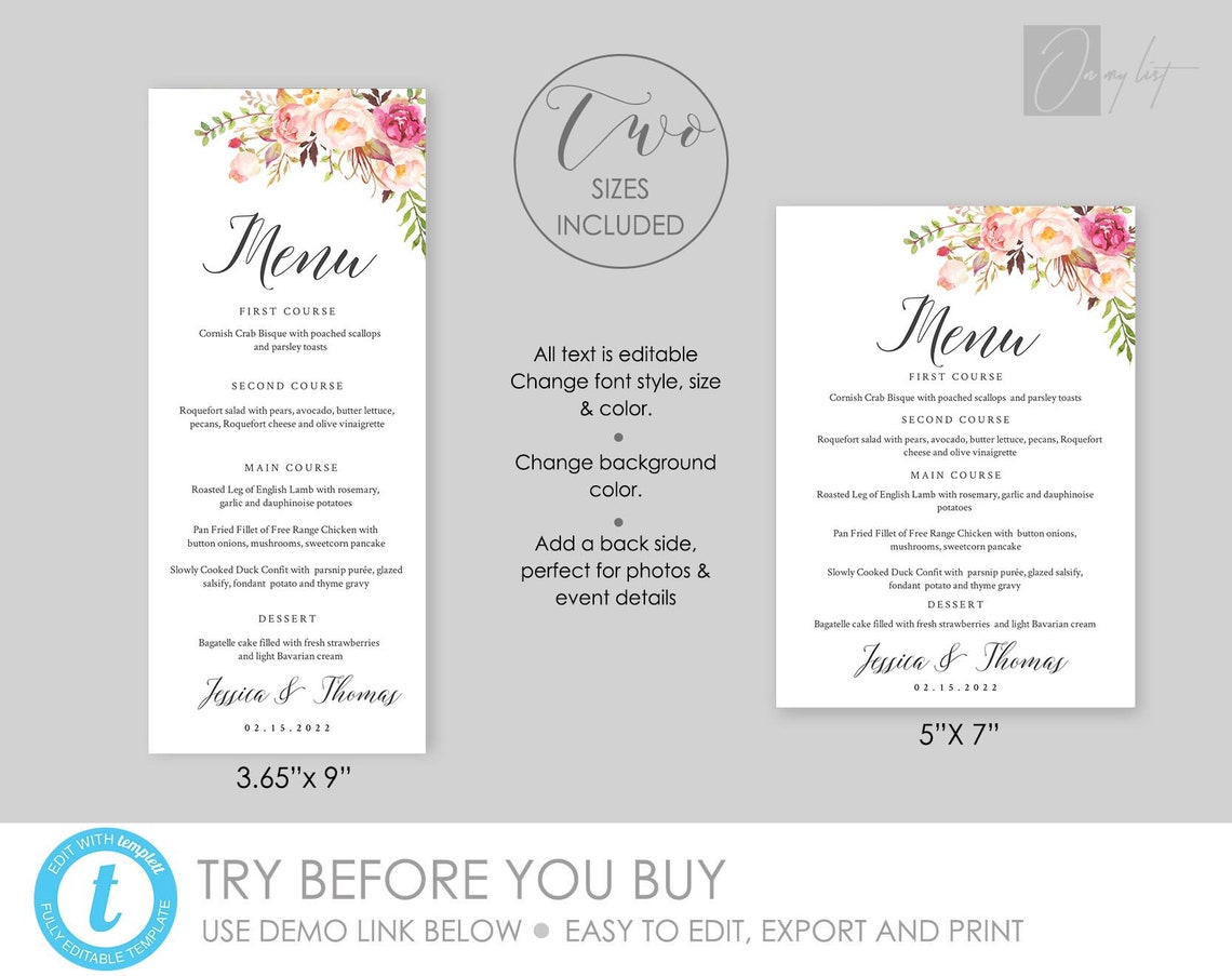 Pink Floral Wedding Menu Template Boho Menu Template - Etsy