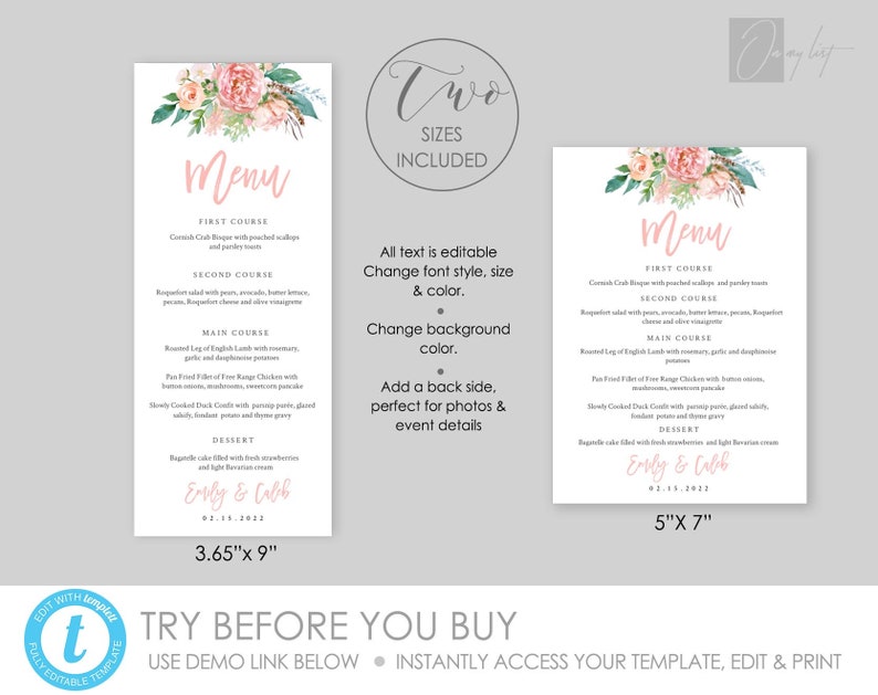 Floral Blush Wedding Menu Template Pink Floral Menu - Etsy