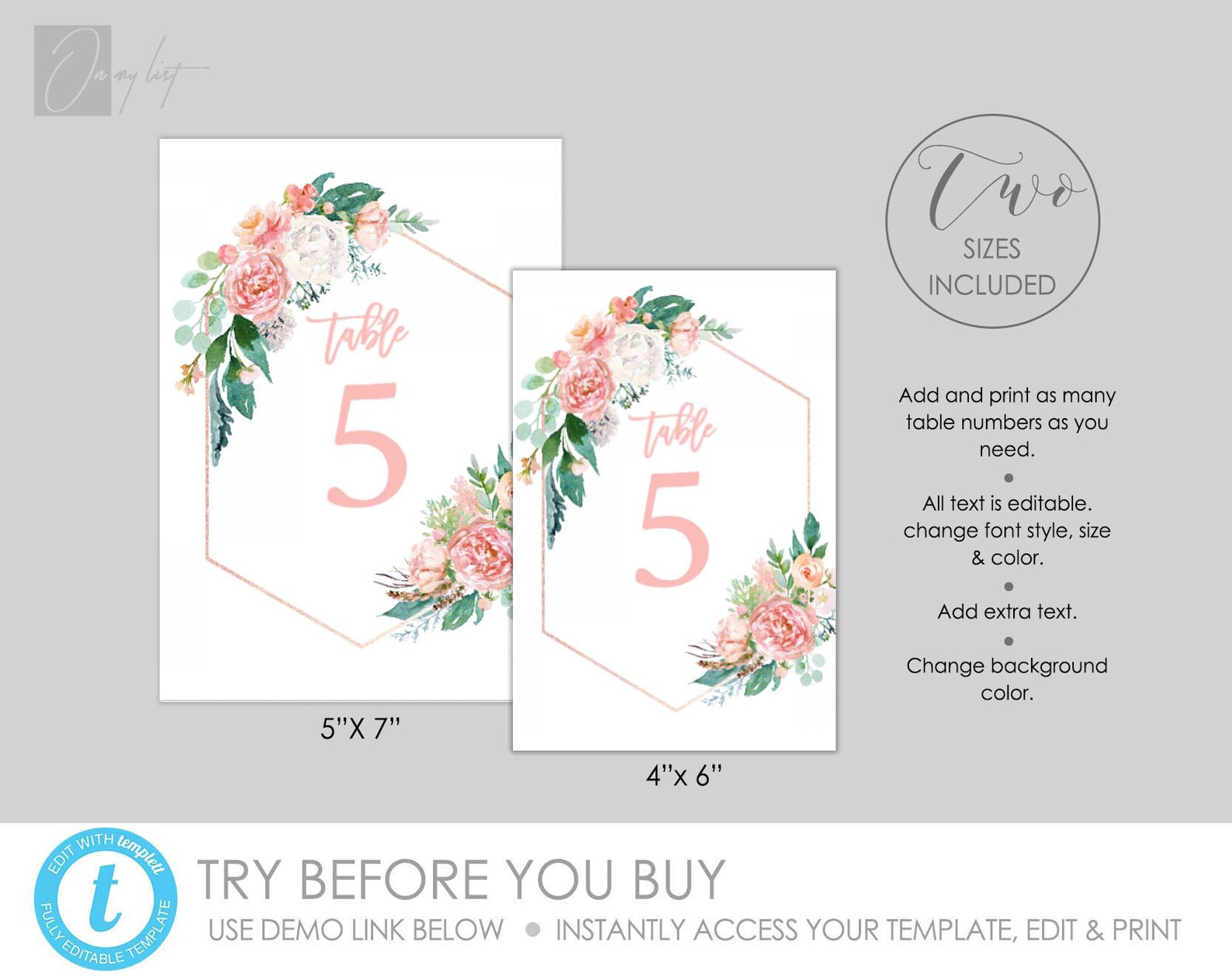 Table Number Template Floral Rose Printable DIY INSTANT - Etsy