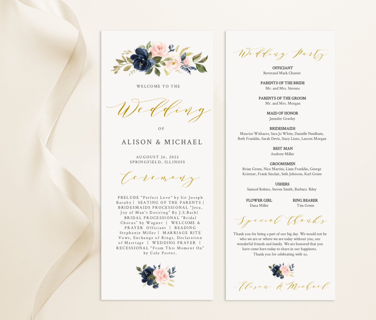 Navy Wedding Program Template Elegant Printable Wedding - Etsy