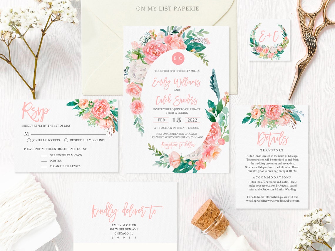 Floral Rose Pink Wedding Invitation Set, 100% Editable Template ...