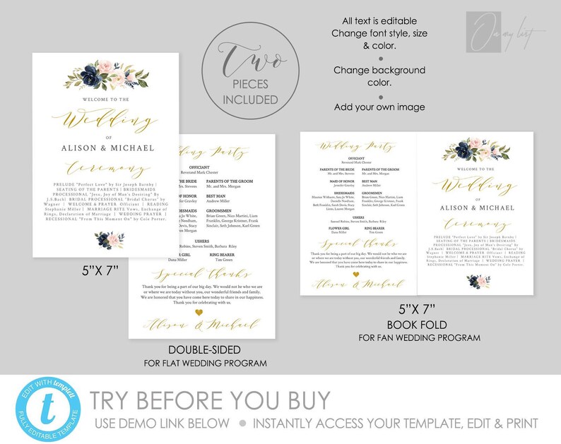 Navy Wedding Program Template, Wedding Program Fan Template, Wedding ...
