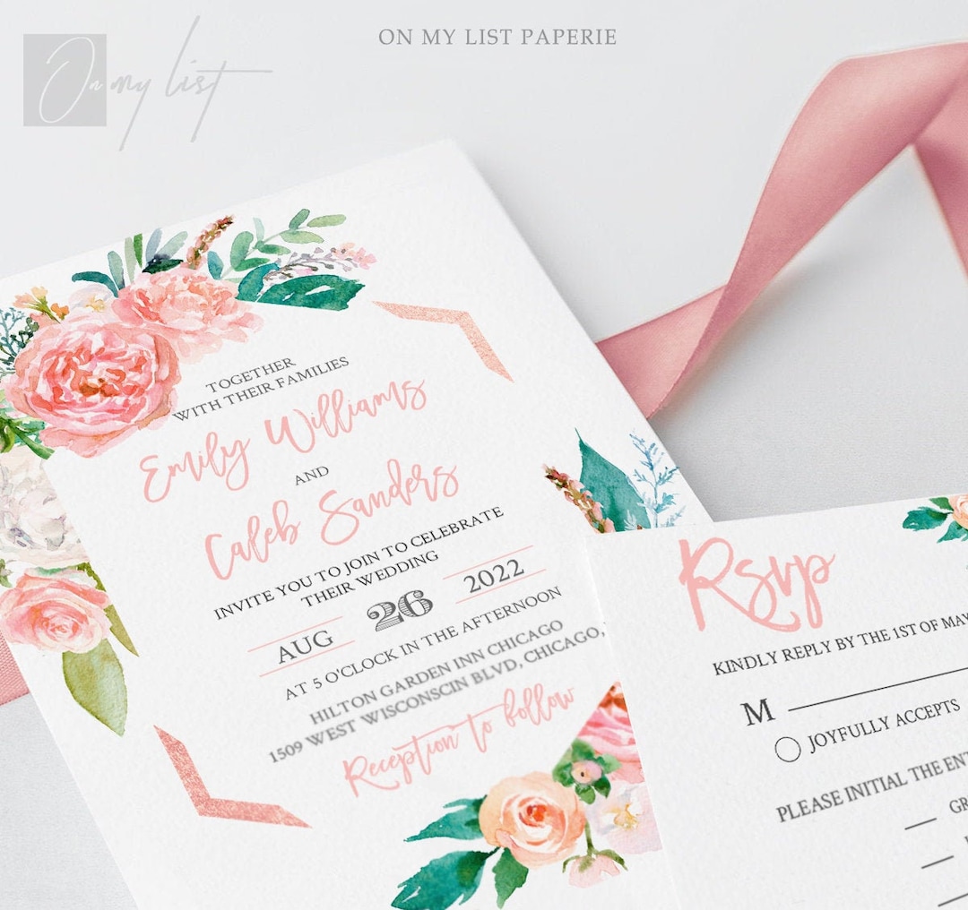 Rose Gold Wedding Invitation Set, 100% Editable Template, INSTANT ...