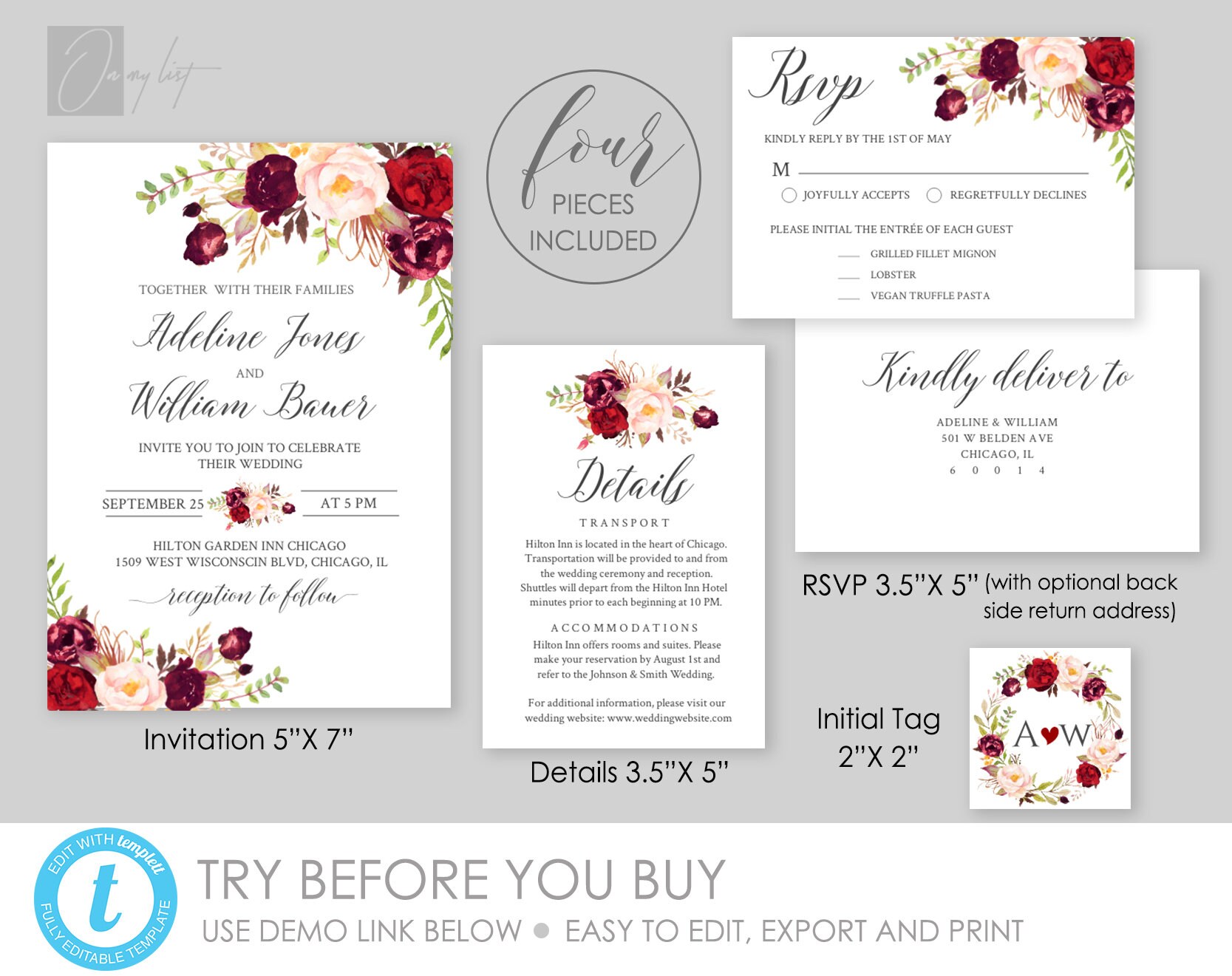 Burgundy Wedding Invitation Set 100% Editable Template - Etsy