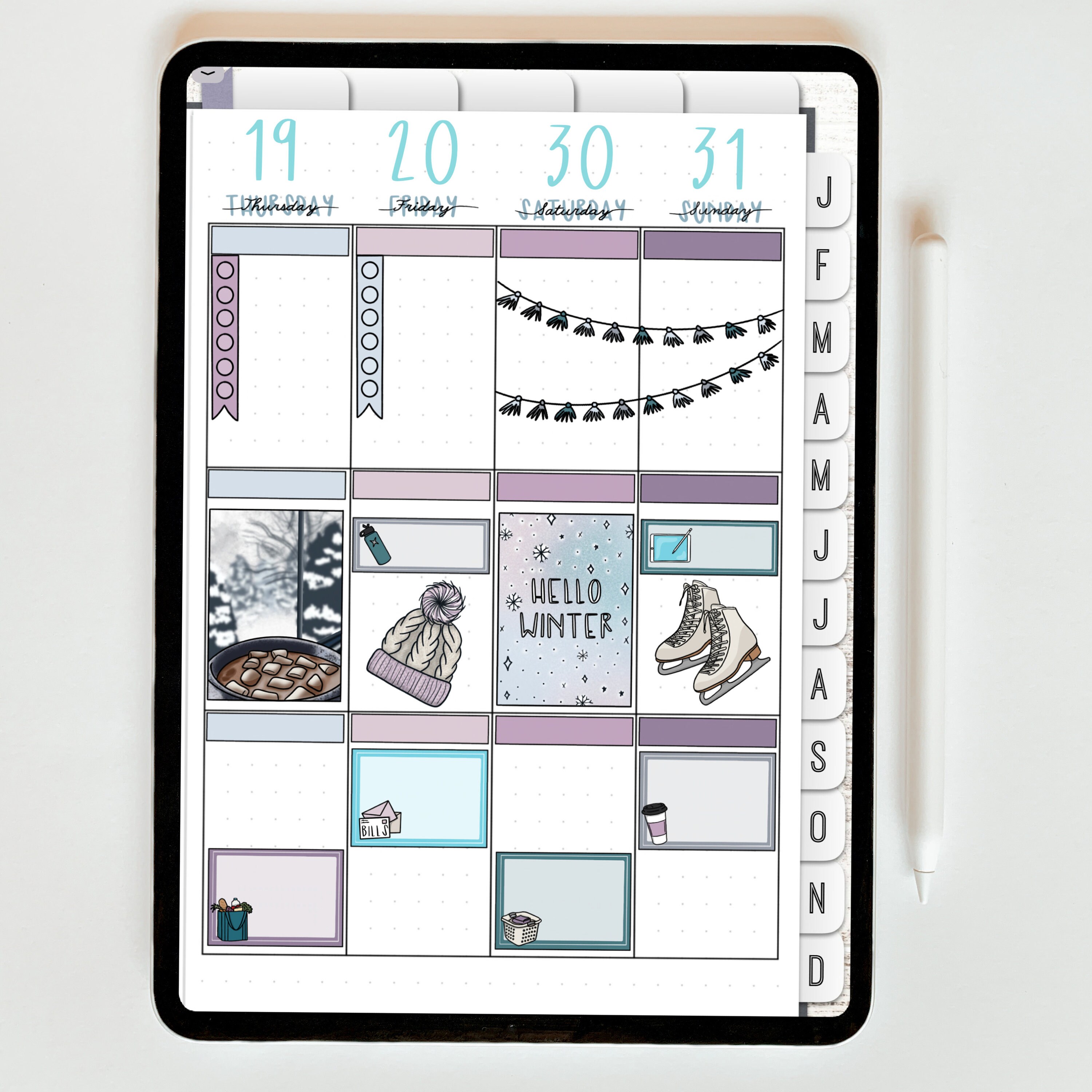 Winter Snow Hand Drawn Digital Bullet Journal Stickers, Ice Skating ...