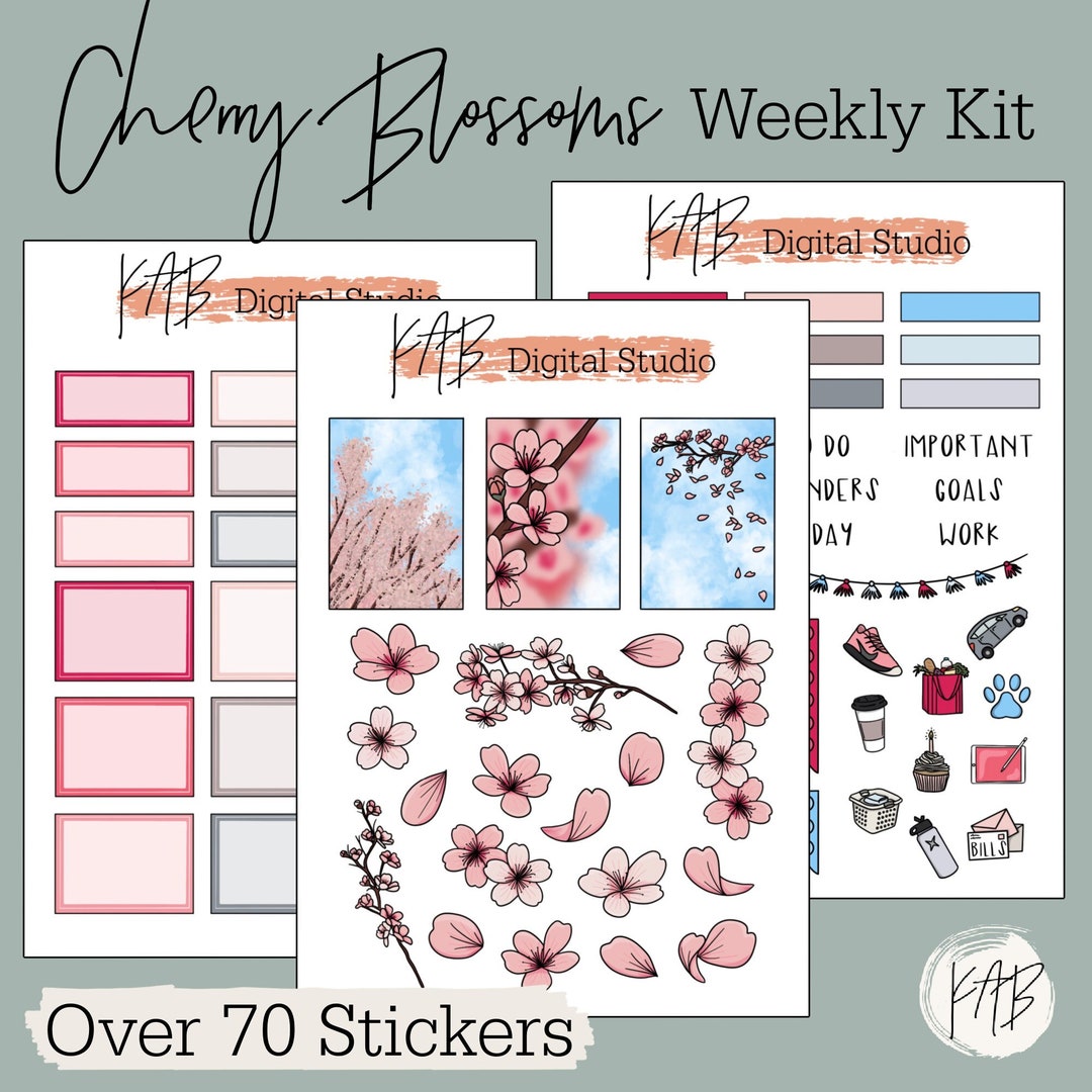 Cherry Blossoms Hand Drawn Digital Bullet Journal Stickers, Spring Time ...