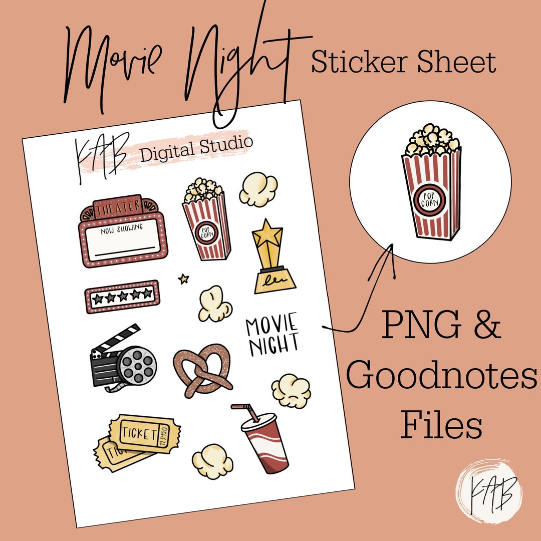 Movie Night Hand Drawn Digital Bullet Journal Stickers, Popcorn Planner ...