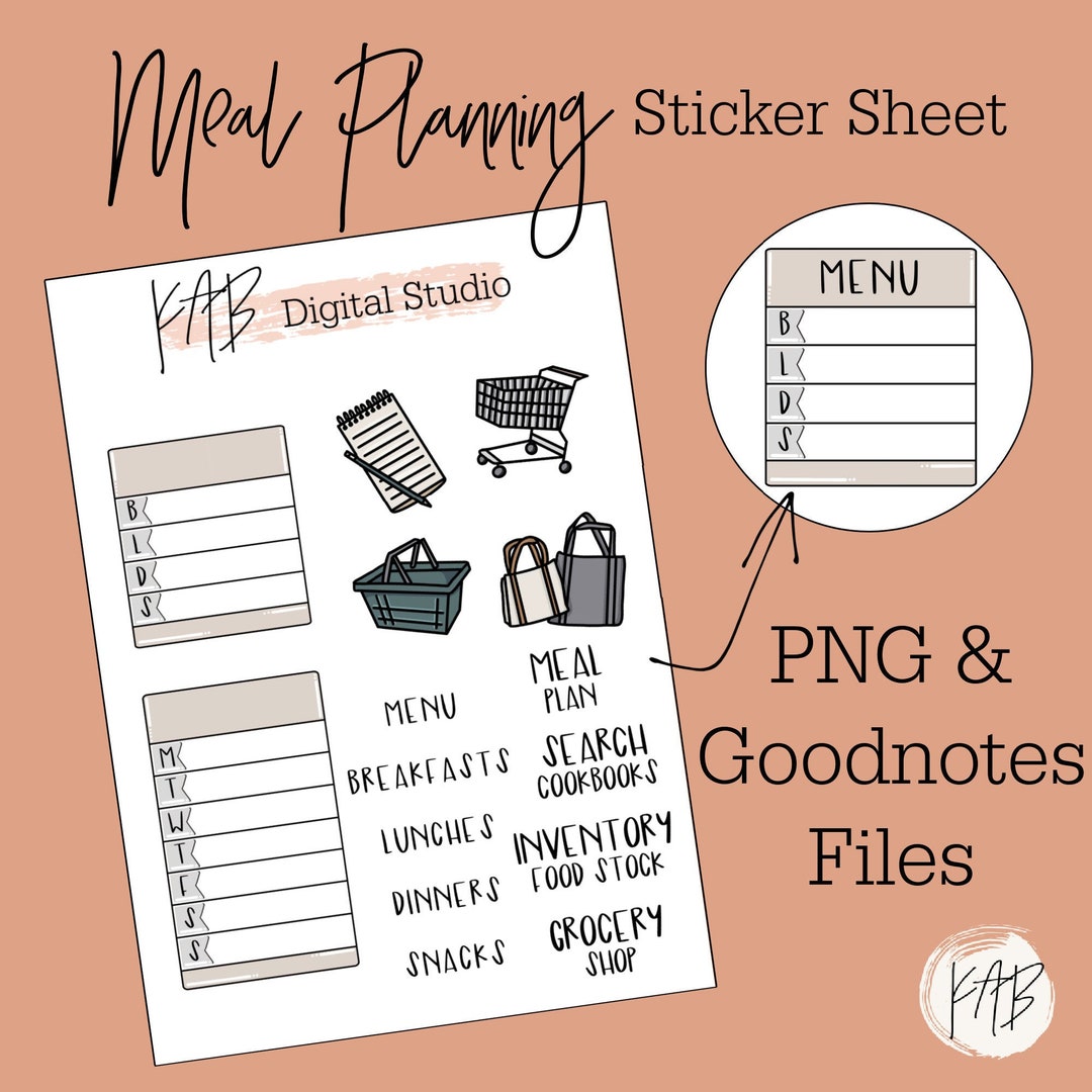 Meal Plan Hand Drawn Digital Bullet Journal Stickers, Printable Grocery ...