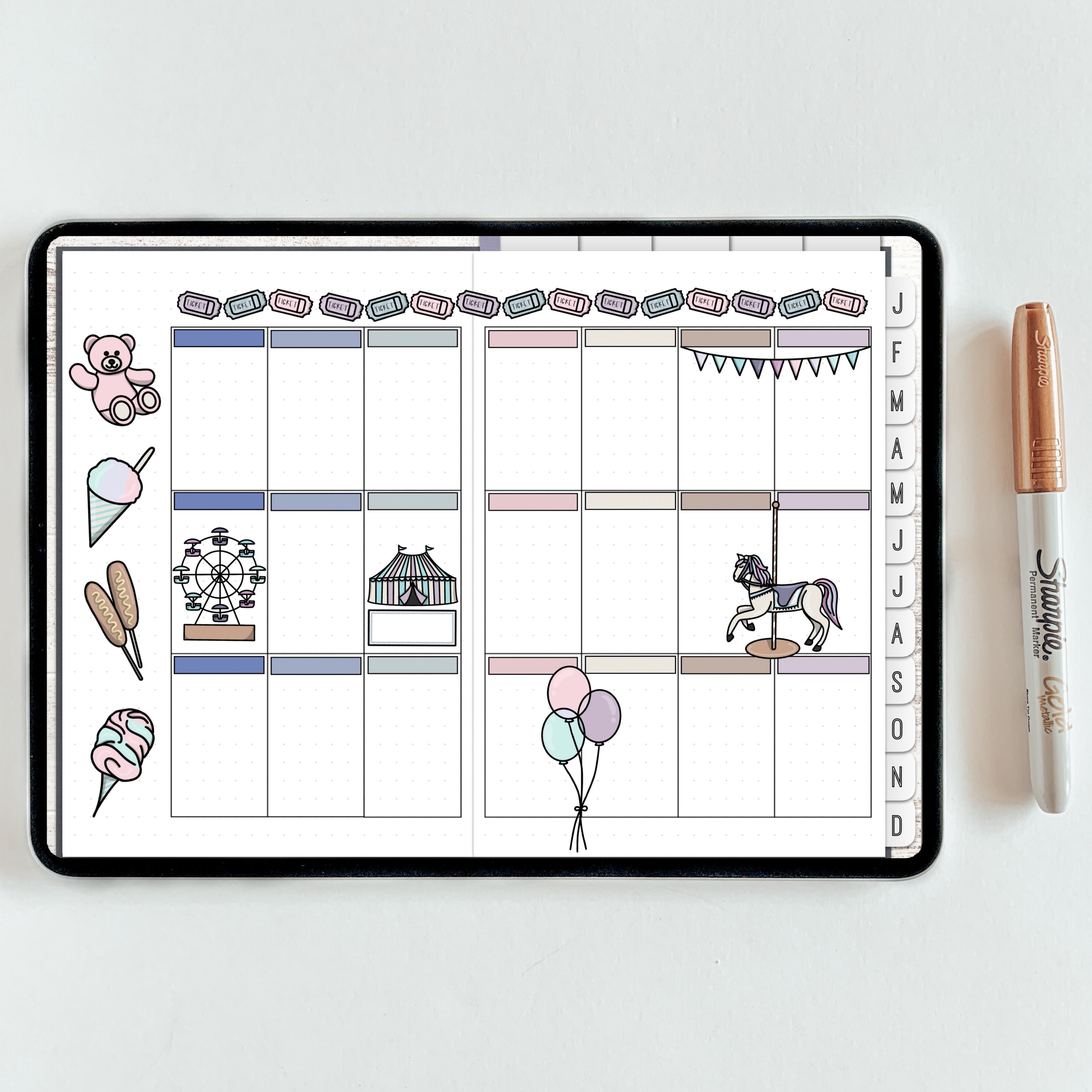 Circus Hand Drawn Digital Bullet Journal Stickers, Carnival Planner ...