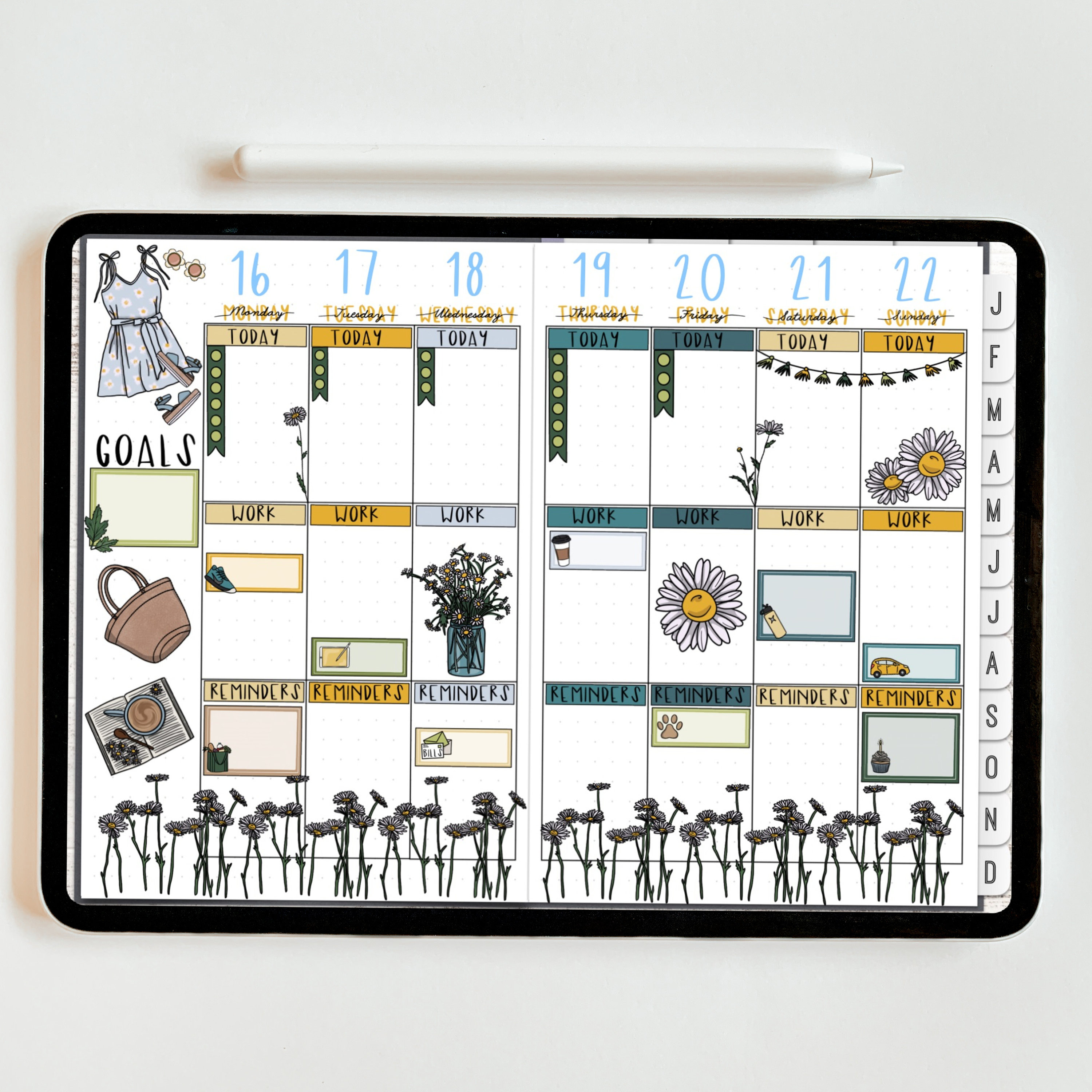 Daisy Flower Hand Drawn Digital Bullet Journal Stickers, Spring Weekly ...