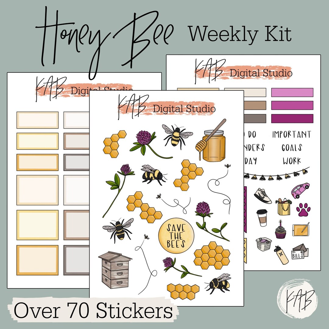 Honey Bee Hand Drawn Digital Bullet Journal Stickers, Honeycomb Weekly ...
