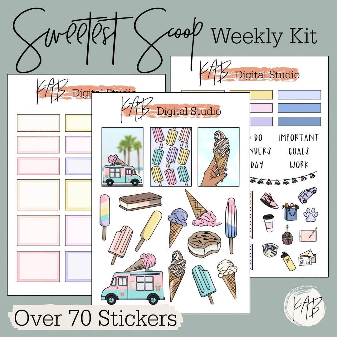 Ice Cream Hand Drawn Digital Bullet Journal Stickers, Summertime Weekly ...