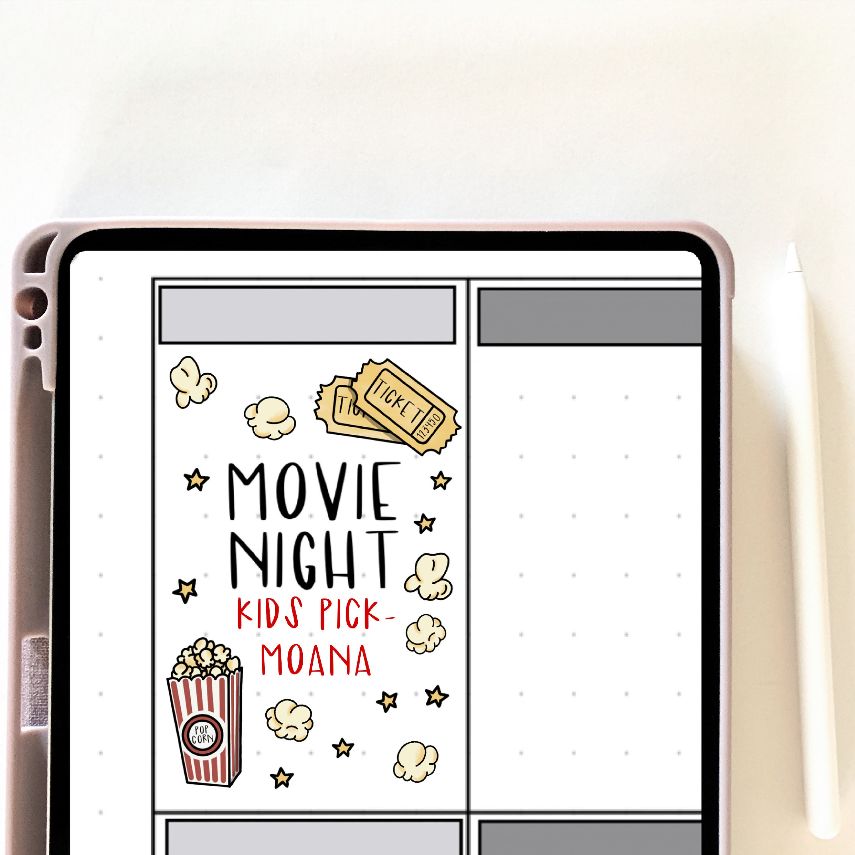 Movie Night Hand Drawn Digital Bullet Journal Stickers, Popcorn Planner ...