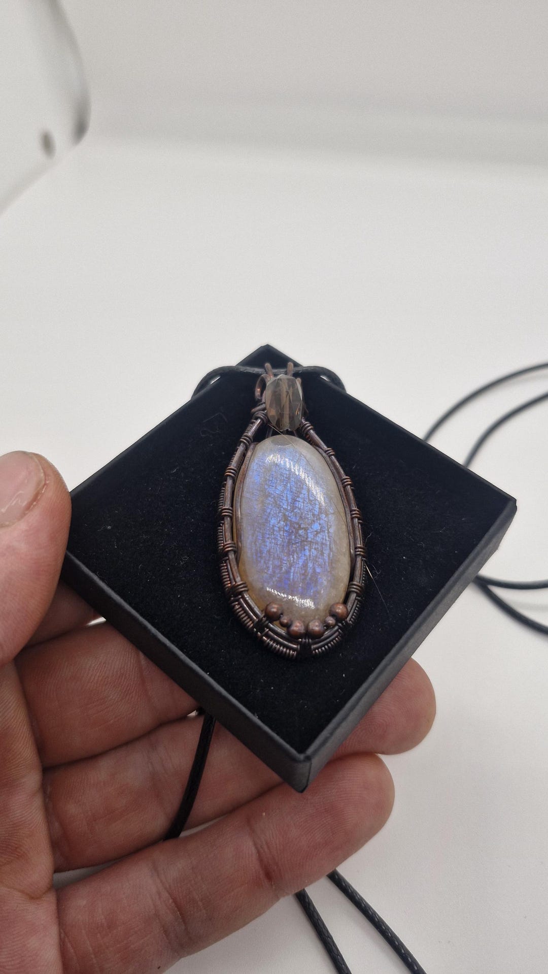 African Moonstone & Smoked Quartz Amulet, Handmade Copper Wire Wrapped ...