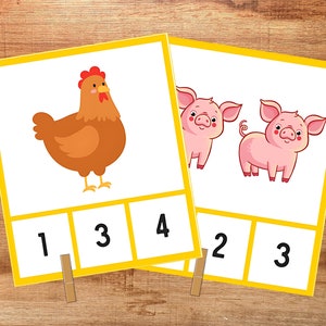 Farm Animals Count and Clip Cards 1-20 Preschool Printable, Activity ...
