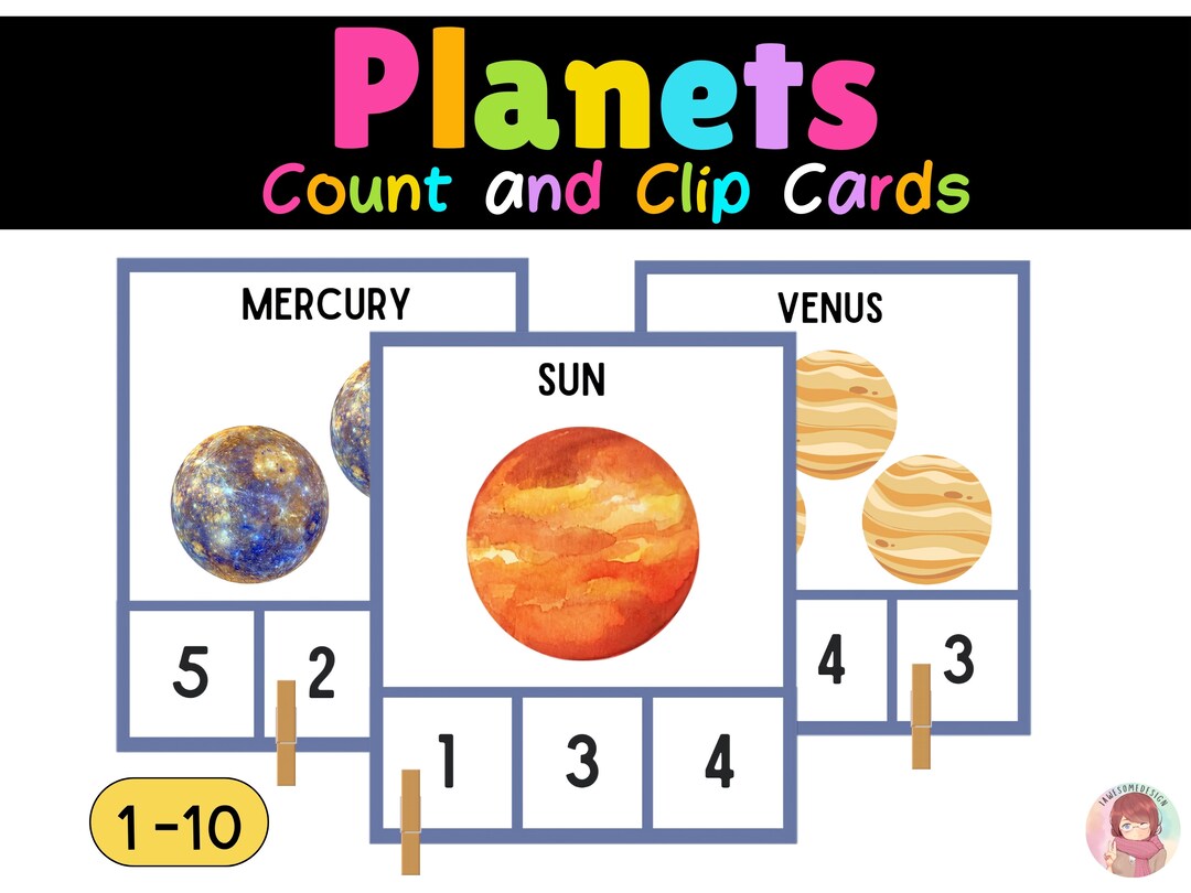Planets Count and Clip Cards, Numbers 1 10, Solar System Counting Clip ...