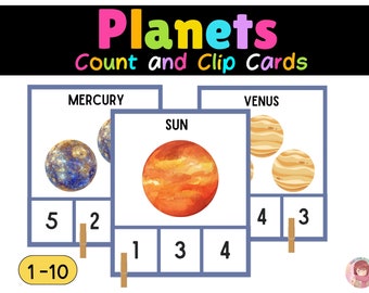 Planets Count and Clip Cards, Solar System Counting Clip Cards ...