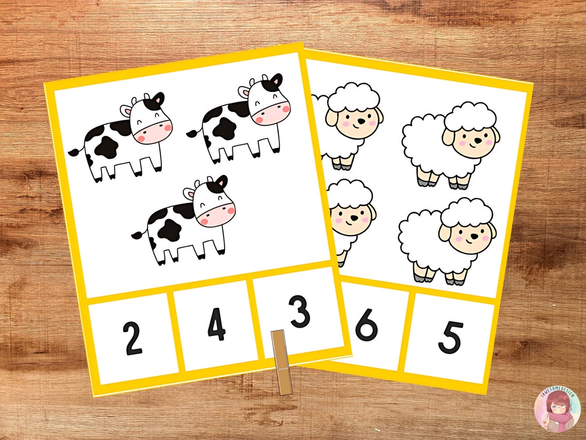 Farm Animals Count and Clip Cards 1-20 Preschool Printable, Activity ...